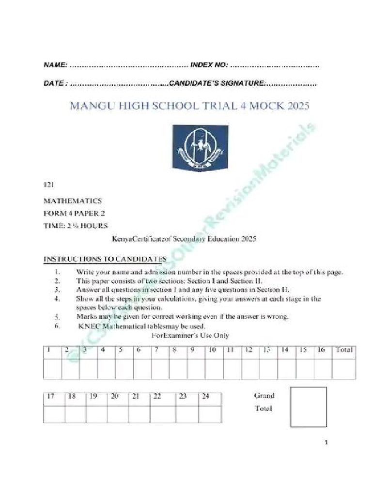 Mangu High School Mathematics Paper 2 | PDF