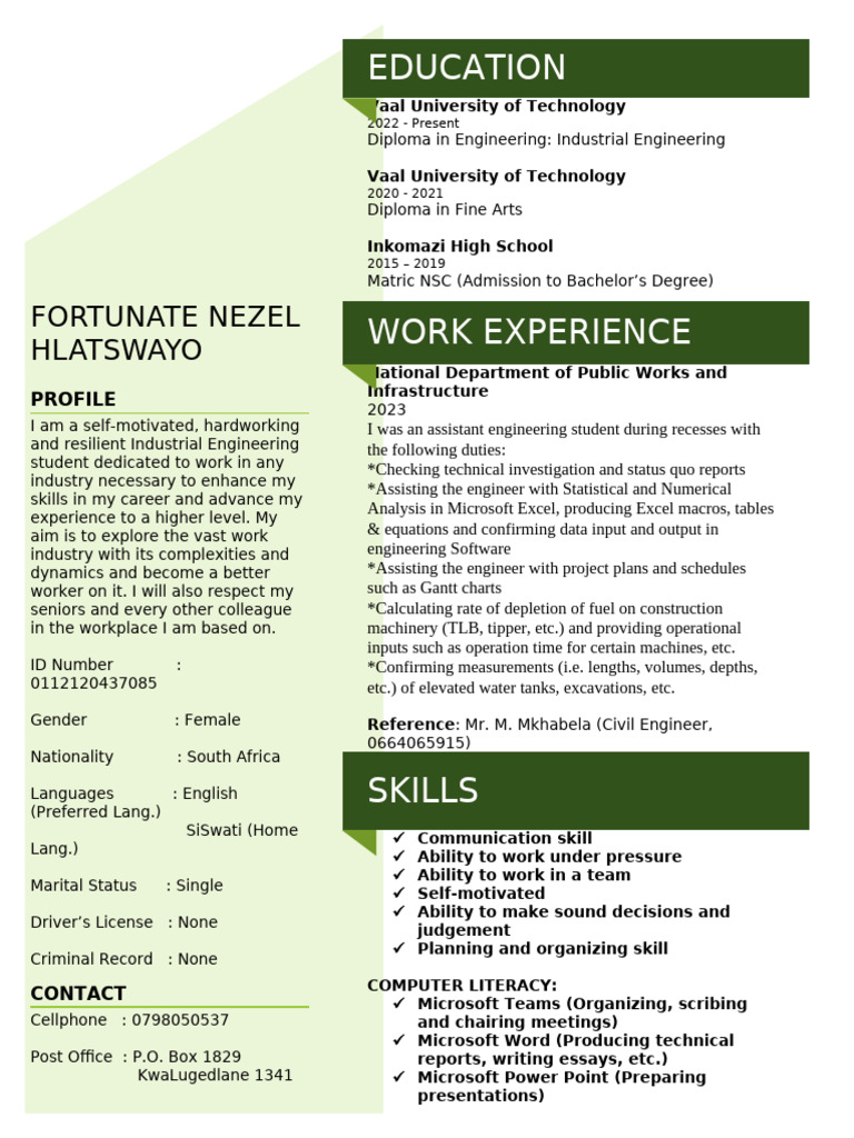 Education: Fortunate Nezel Hlatswayo | PDF | Microsoft Excel | Engineering