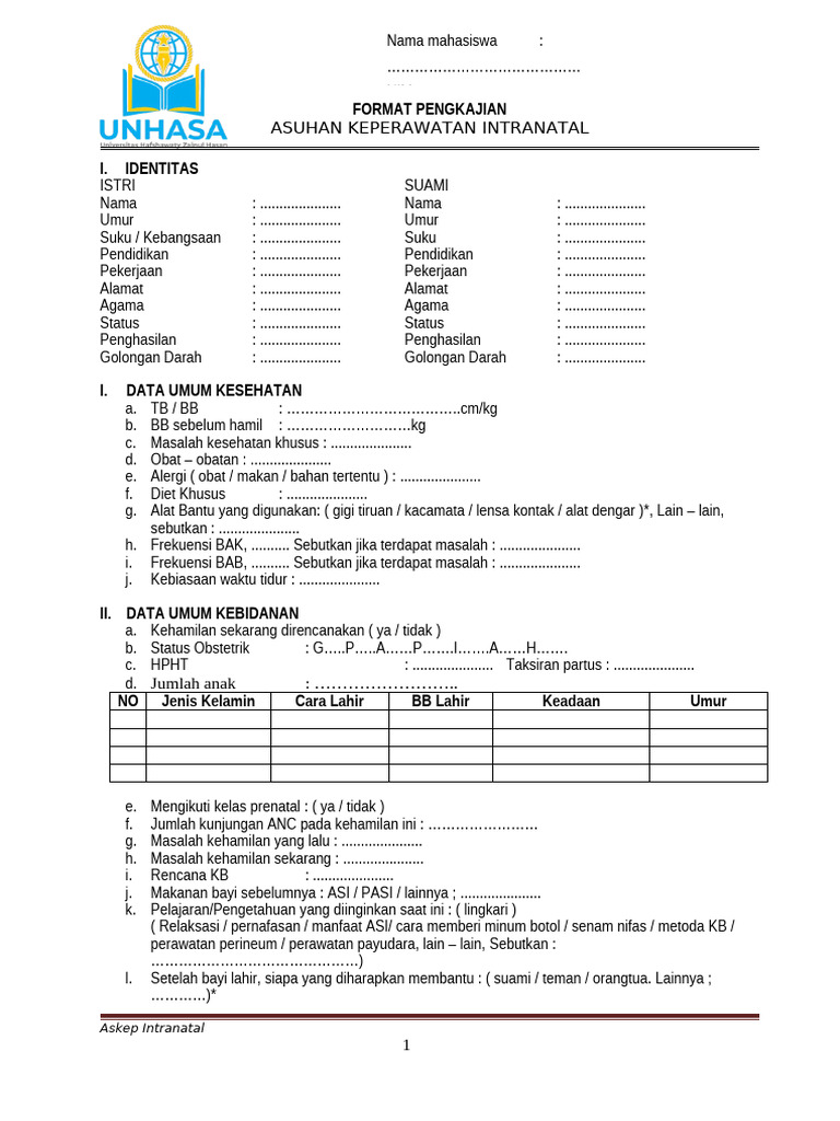 Pengkajian Asuhan Keperawatan Intranatal | PDF