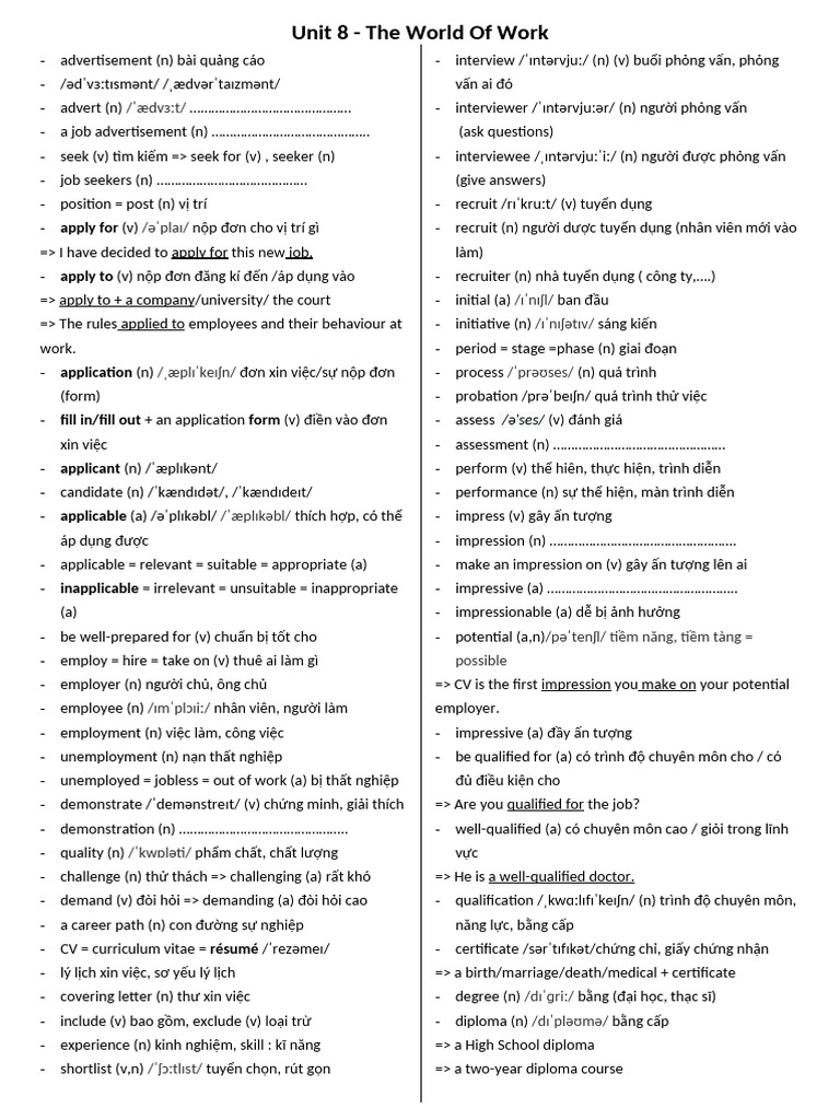 Unit 8 - The World of Work - Vocab | PDF
