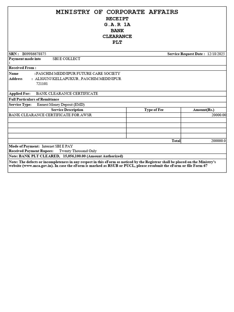 Bank Clearance Certificate Receipt | PDF