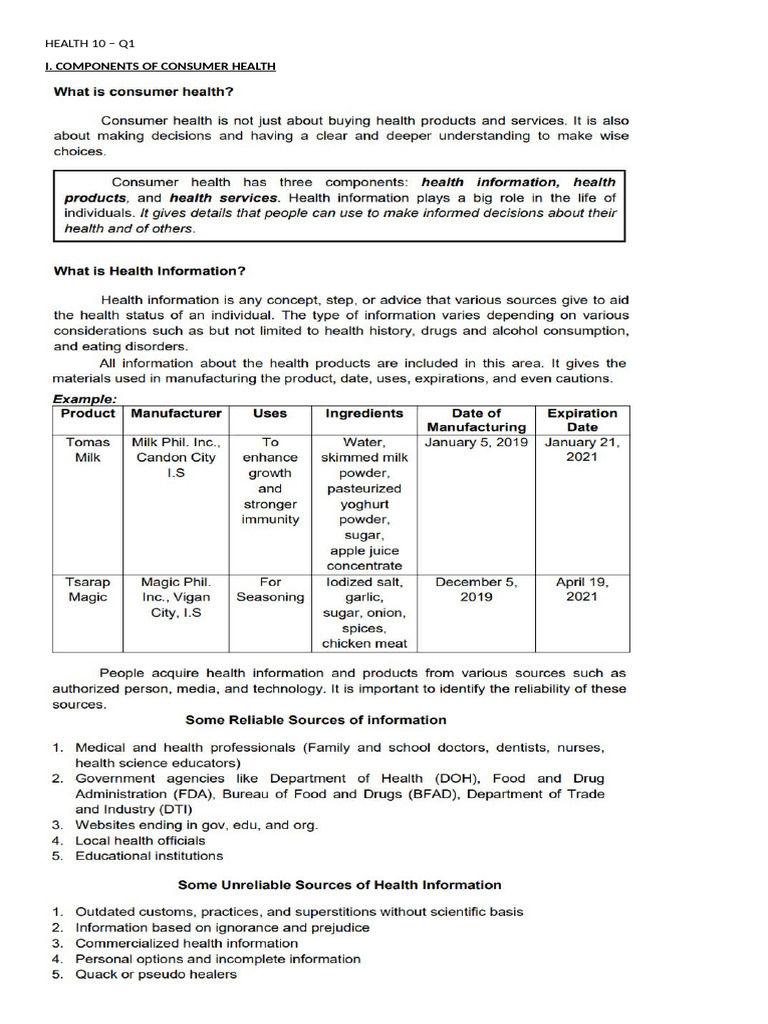 q1 Health Lessons Handouts | PDF