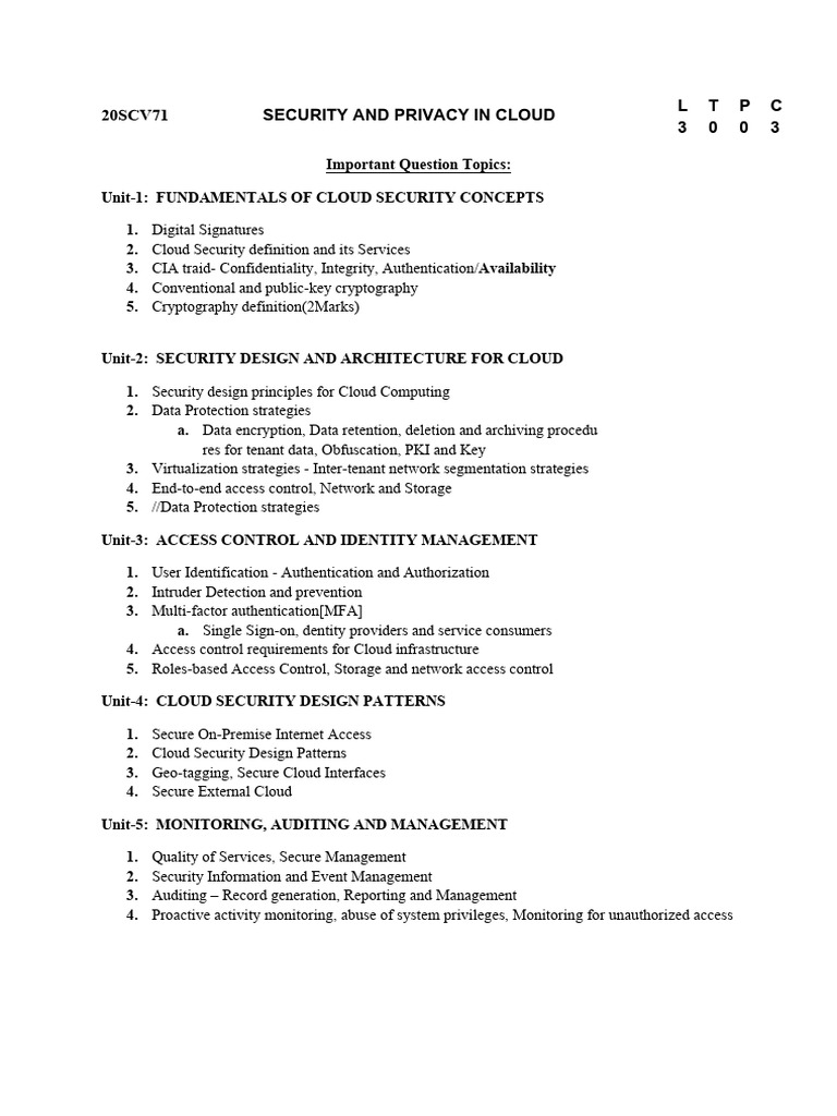 20SCV71 - Security and Privacy in Cloud - Important Questions | PDF