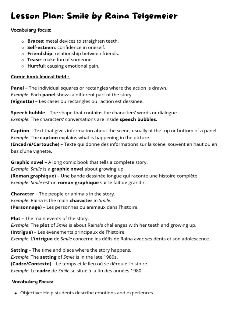 Lesson Plan Smile by Raina Telgemeier | PDF