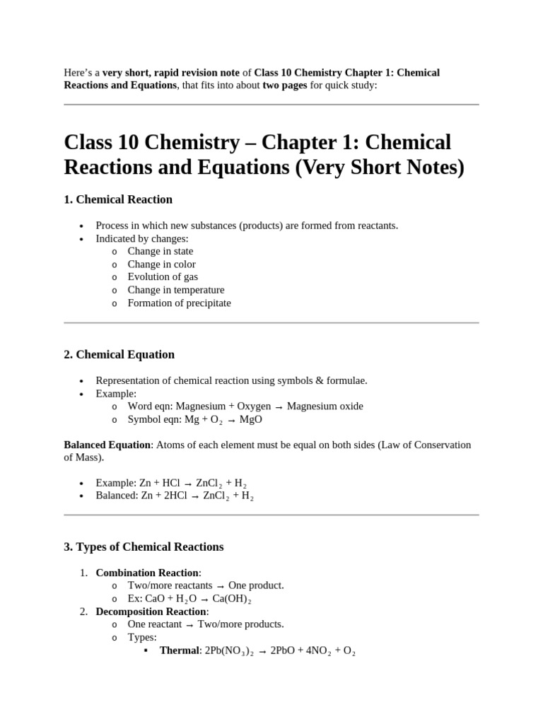 Class 10 Chemistry: Chemical Reactions Notes | PDF | Chemical Reactions ...