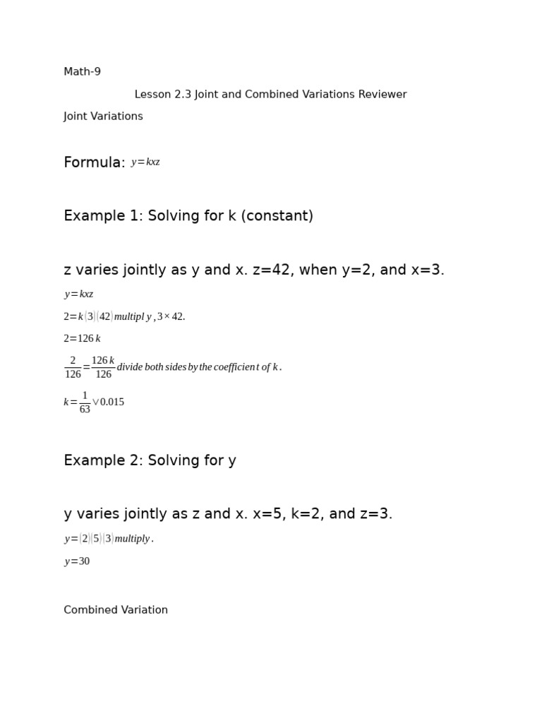 Joint and Combined Variations Review | PDF