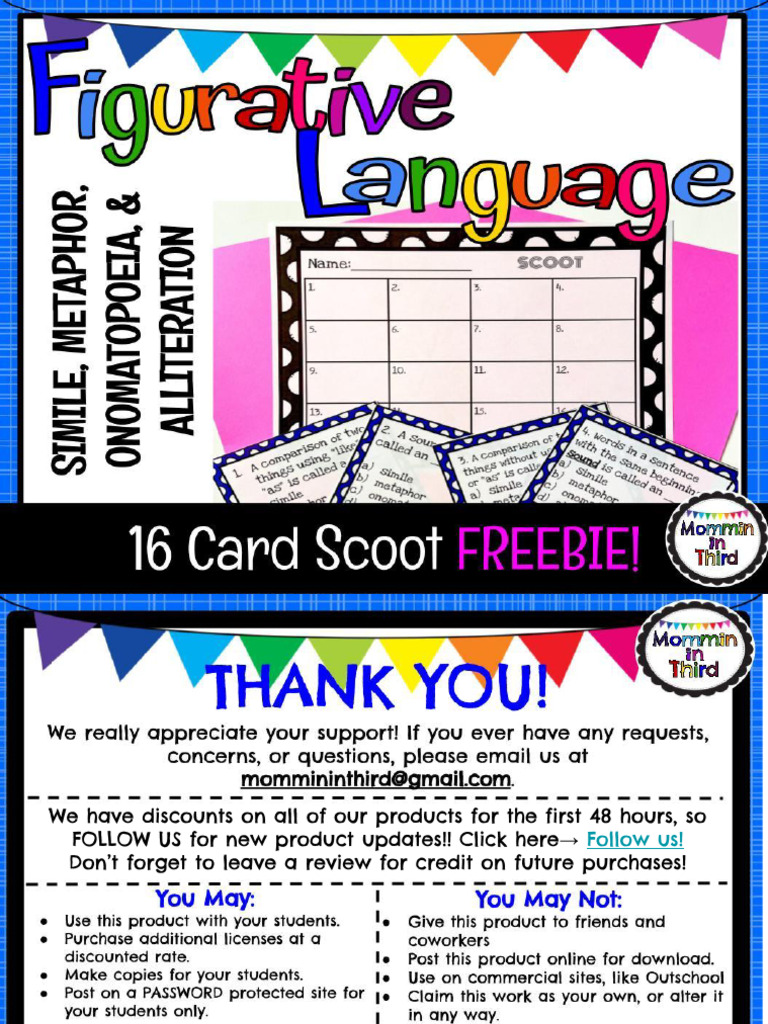 FigurativeLanguageScootTaskCardsFREEBIESimileMetaphorAlliteration-2 | PDF