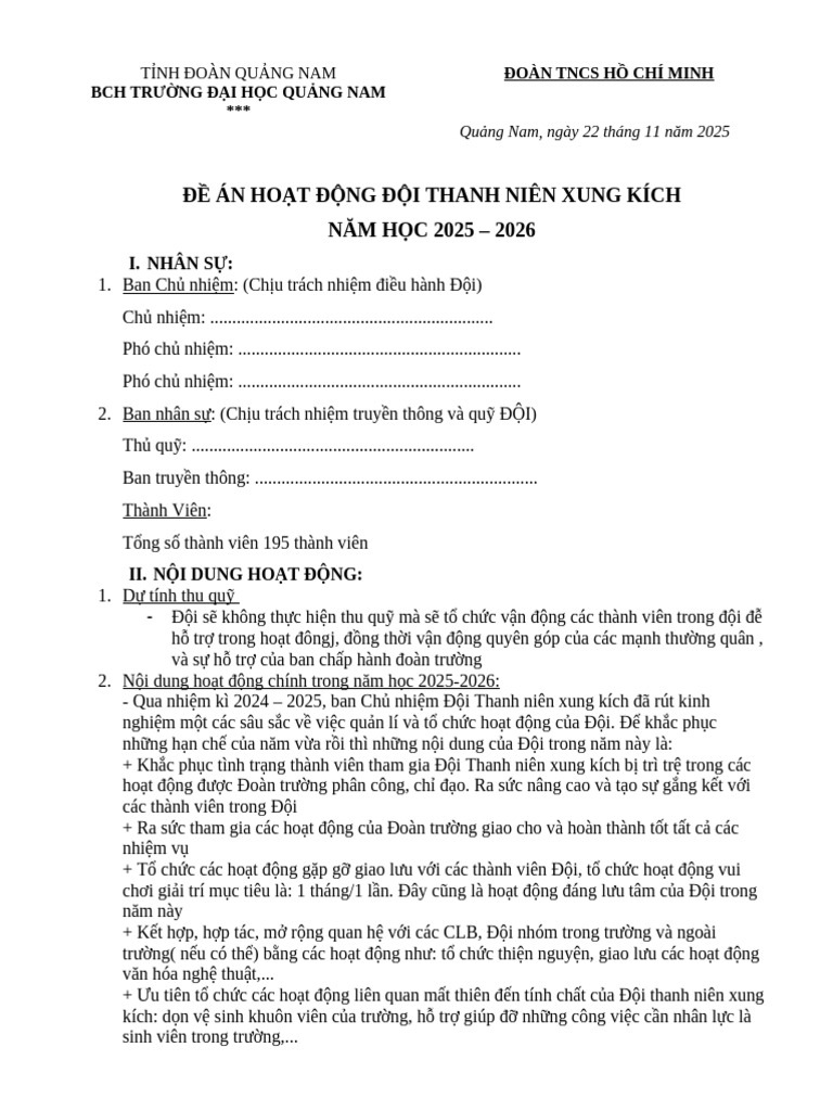 Đề Án Hoạt Động Đội Thanh Niên Xung Kích 2025-2026 | PDF