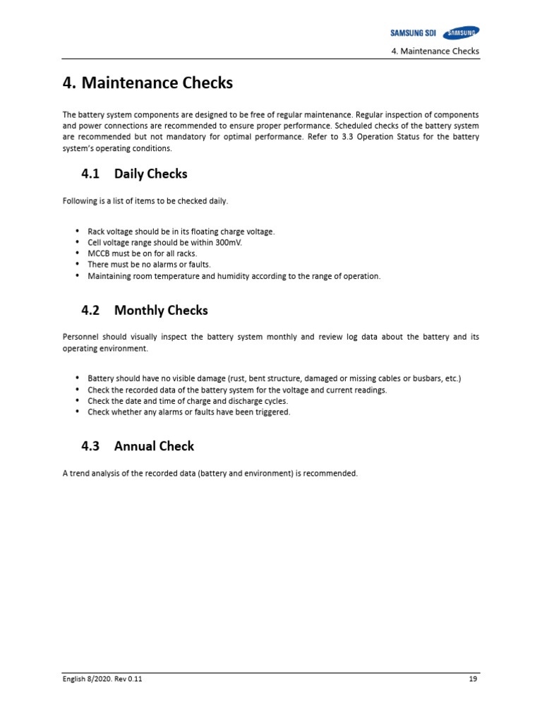 Samsung Battery Maintenance Checklist | PDF | Electrical Engineering ...