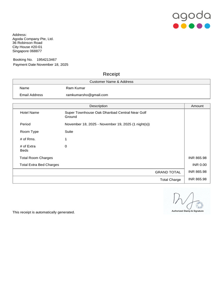 Agoda Hotel Booking Receipt for Ram Kumar | PDF