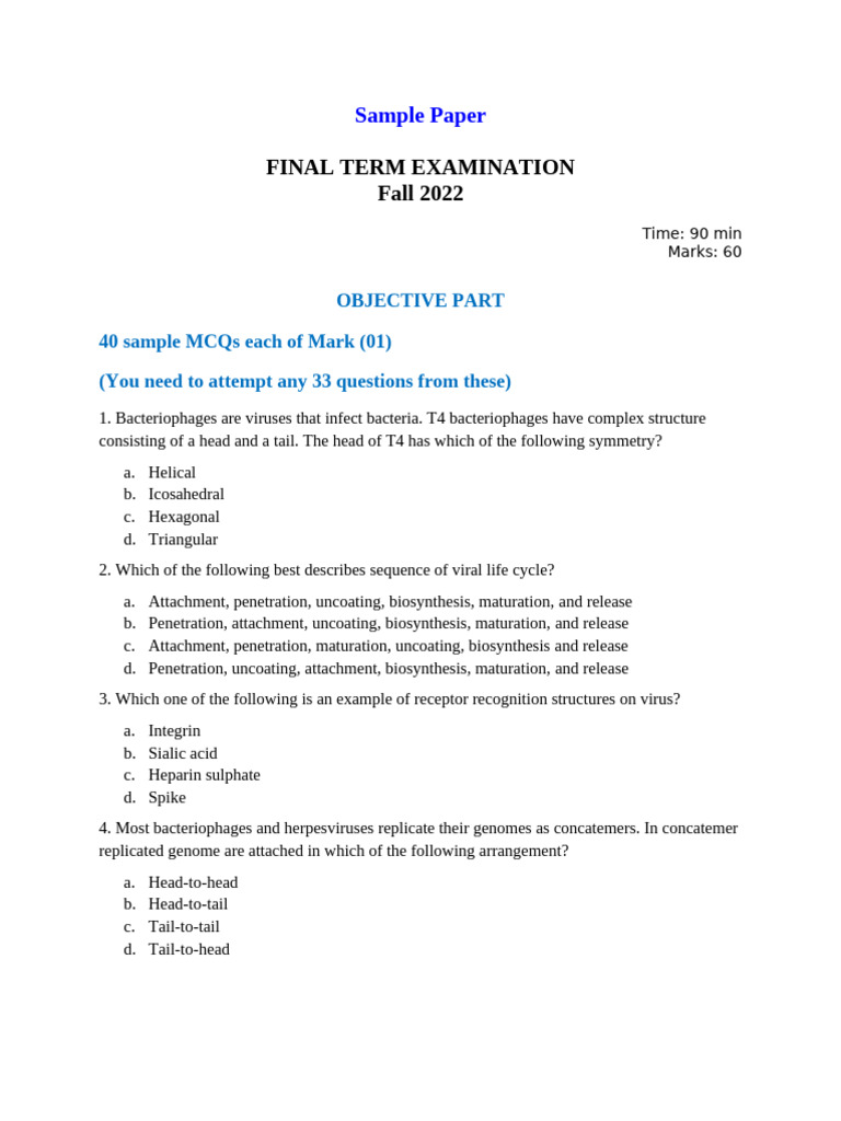 Sample Paper For Fall 2022 | PDF | Virus | Dna