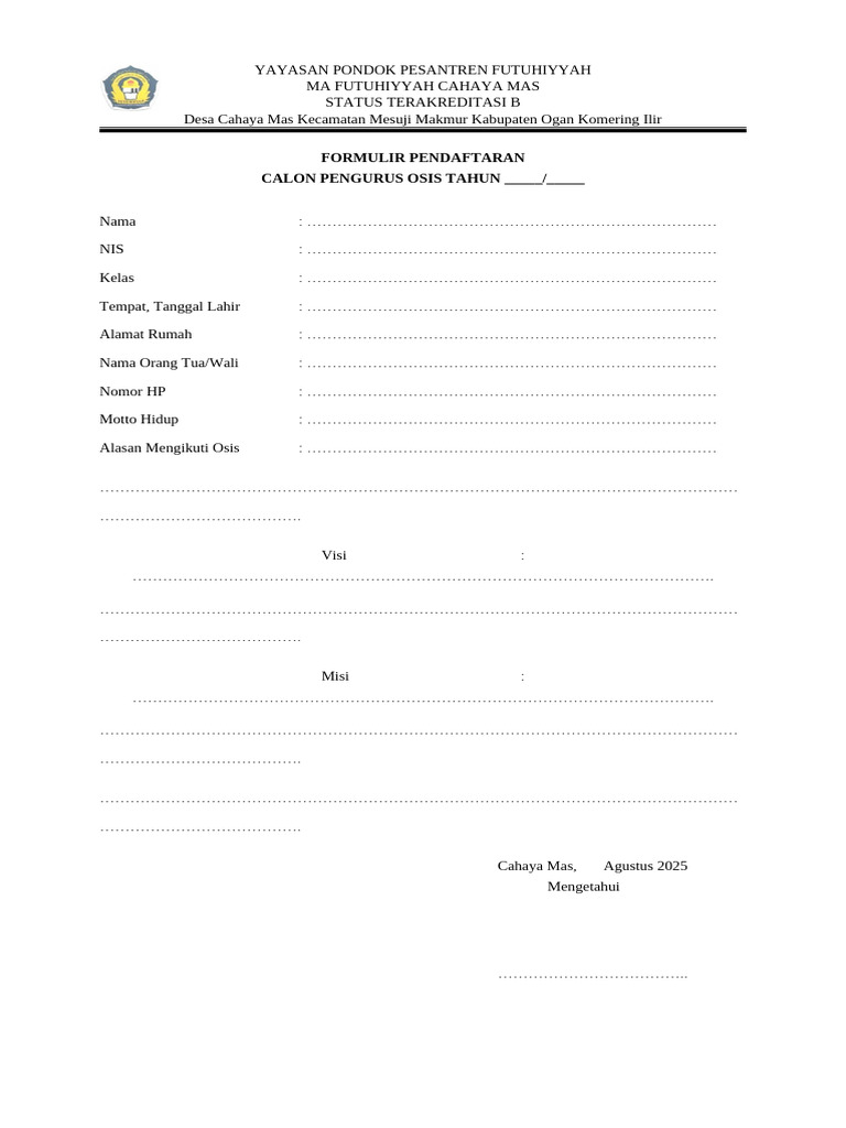Form Pendaftaran Osis | PDF