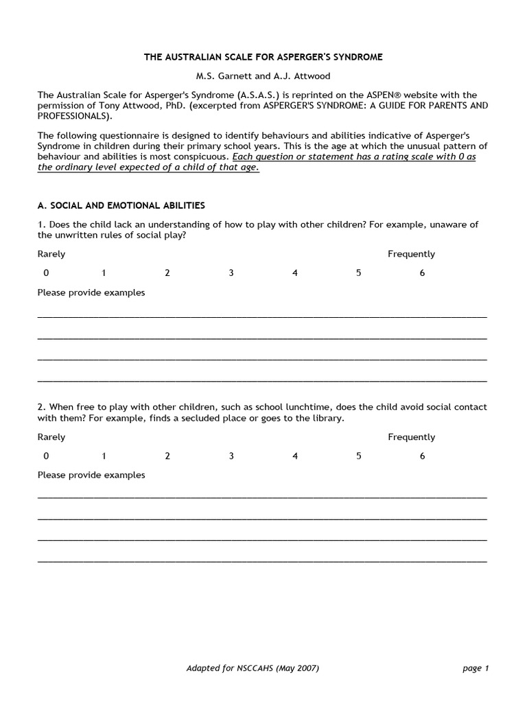 Australian Asperger's Syndrome Scale | PDF | Asperger Syndrome ...