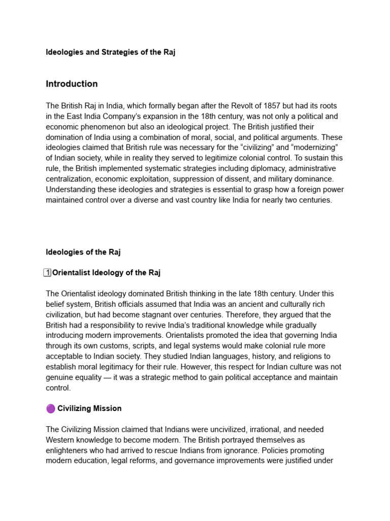 Ideologies and Strategies of the British Raj | PDF