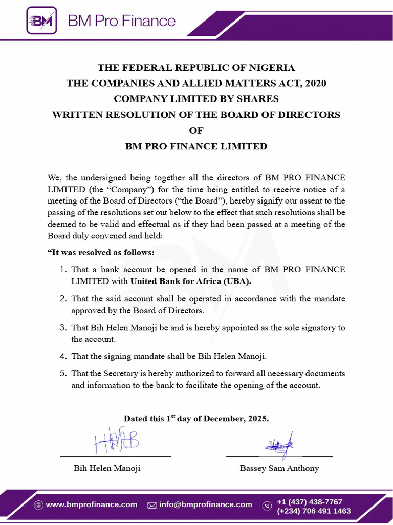 Uba_board Resolution for Account Opening- Bm Finance Pro | PDF