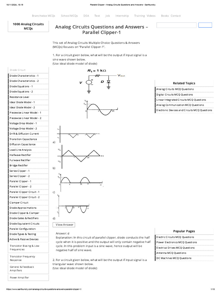 Parallel Clipper Circuit MCQs Guide | PDF | Amplifier | Diode