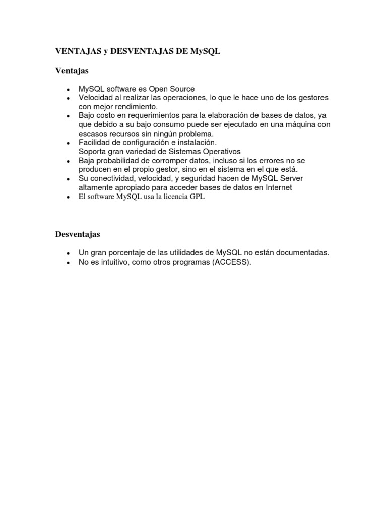 Ventajas y Desventajas de Mysql | PDF