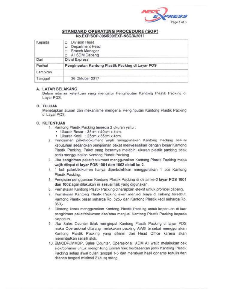 SOP Penginputan Kantong Plastik Packing Di Layar POS SOP-005 R00 ...