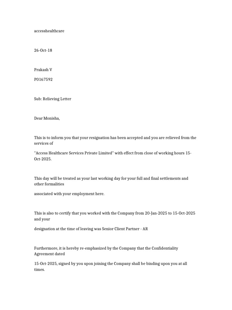 Relieving Letter Prk | PDF