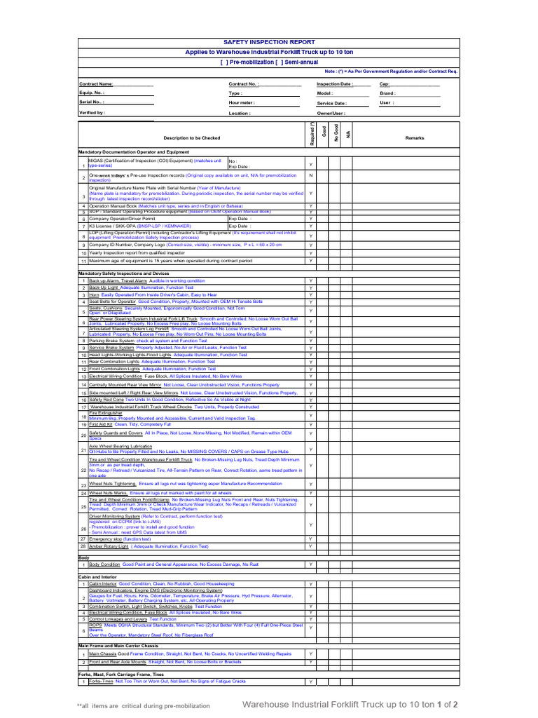 Forklift Pre-Mobilization Safety Checklist | PDF | Forklift | Tire