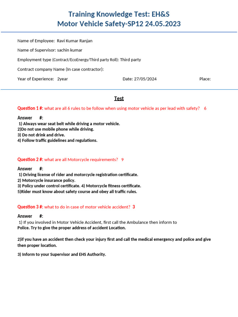 Motor Vehicle Safety Training Test | PDF | Vehicles | Traffic Collision