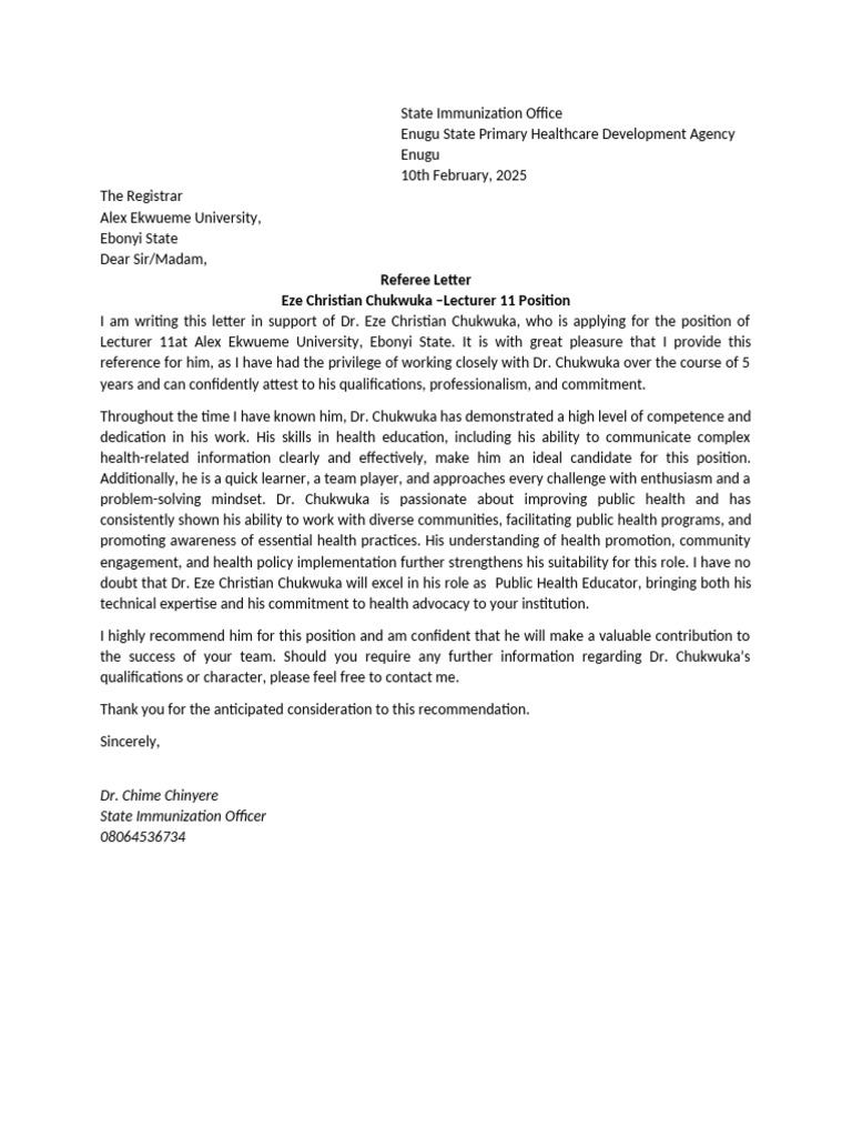 Referee Letter - Dr. Eze Christain | PDF
