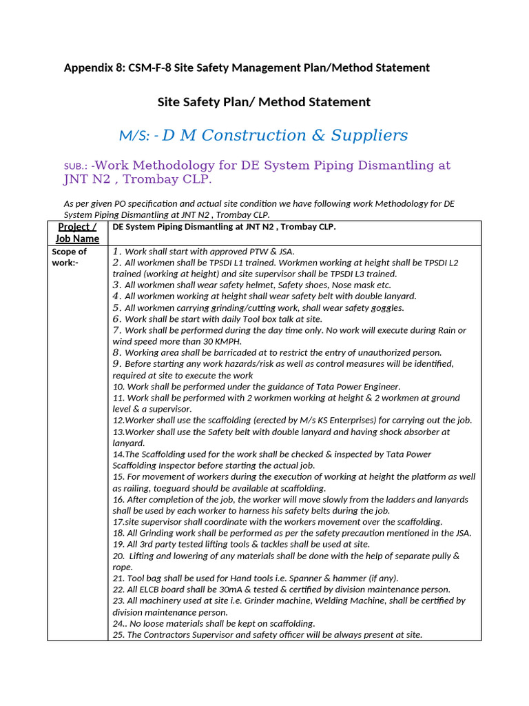 Method Statement - Trombay Ms DMC Unit 8 Bunker de System Dismantling ...