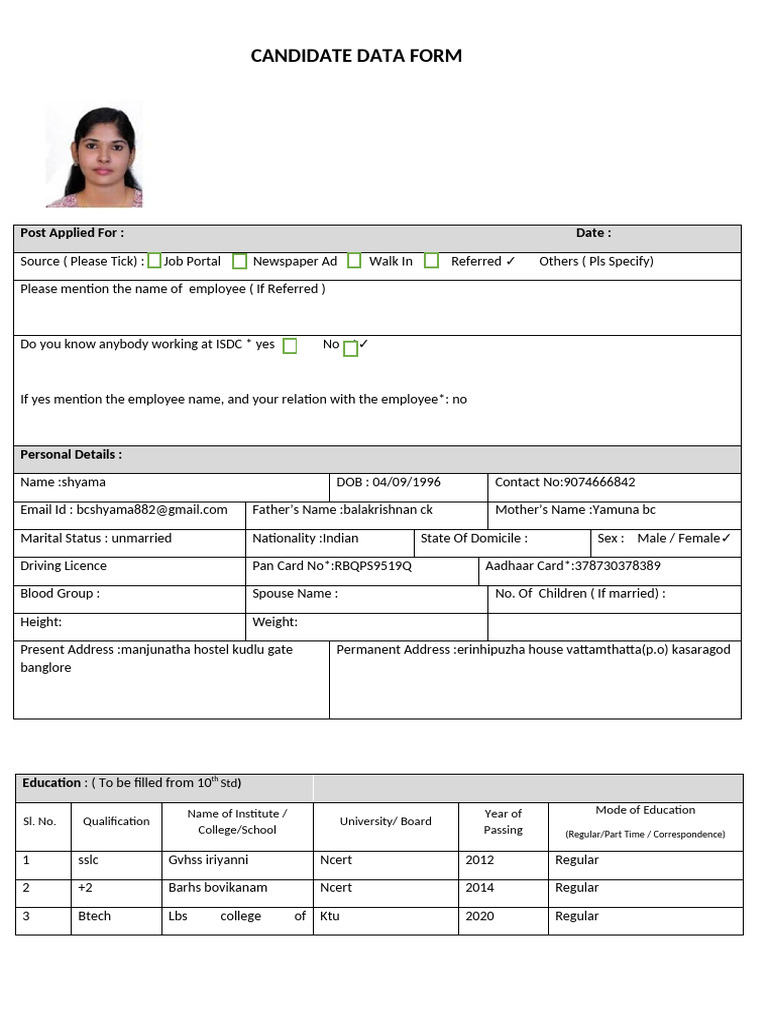 Candidate Data Form for Job Application | PDF