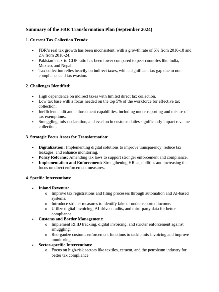 Summary of The FBR Transformation Plan | PDF | Taxes | Tax Evasion