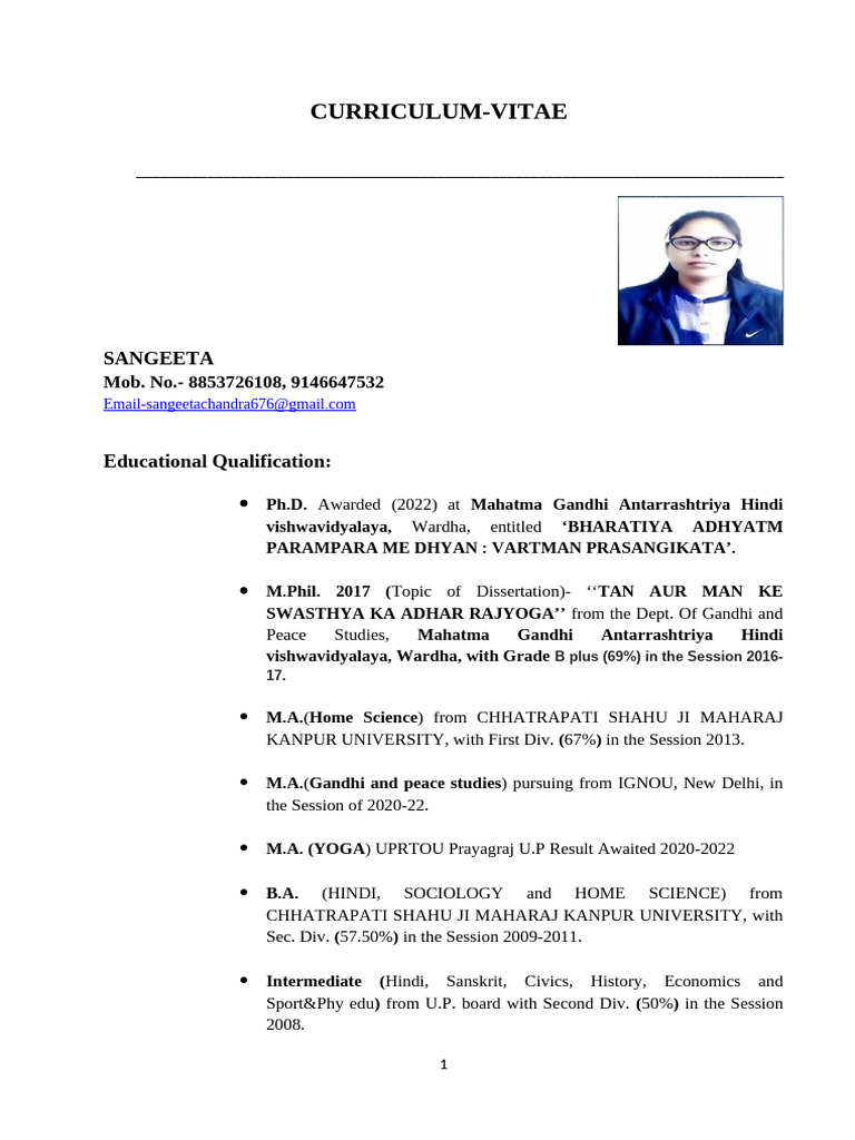 CV Sangeeta (1) | PDF