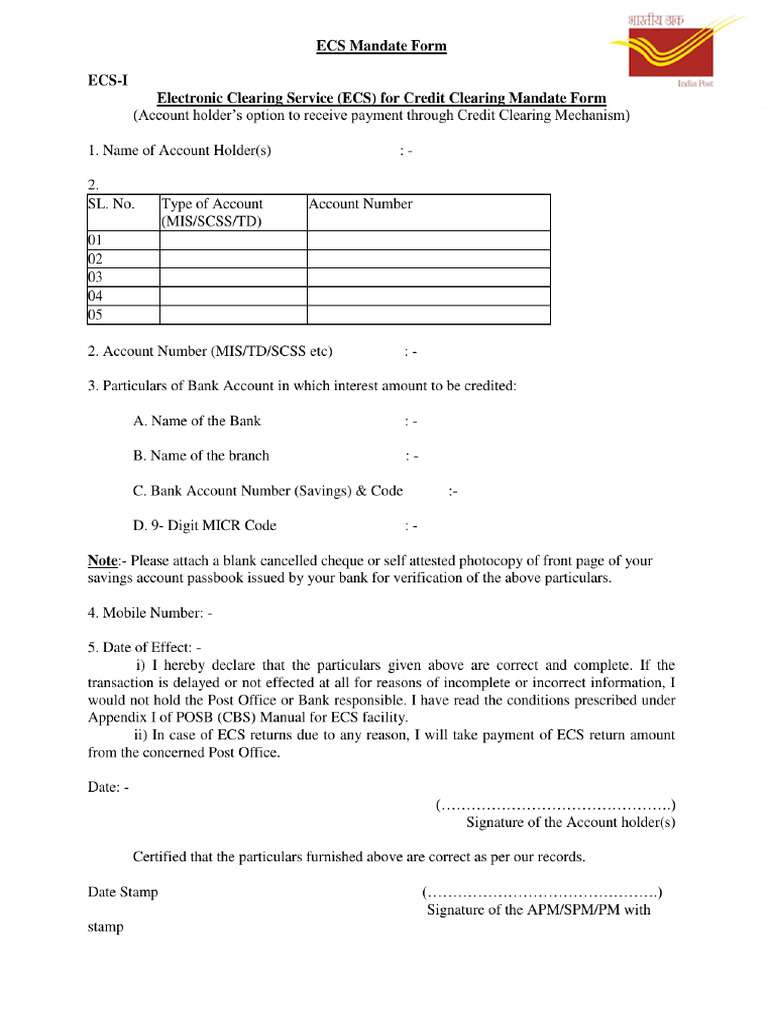 India Post - Fillable - ECS-1 Form - With Logo | PDF