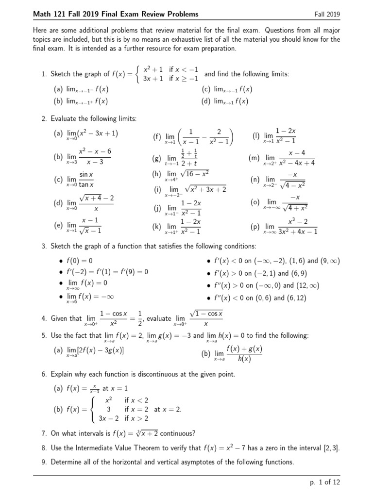 Math 121 F 19 Final Exam Review | PDF | Area | Tangent