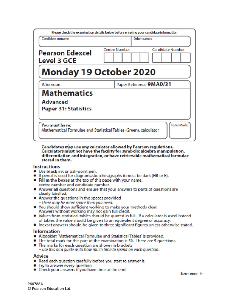 2010 9MA0-31 A Level Statistics - October 2020 (Word) | PDF ...