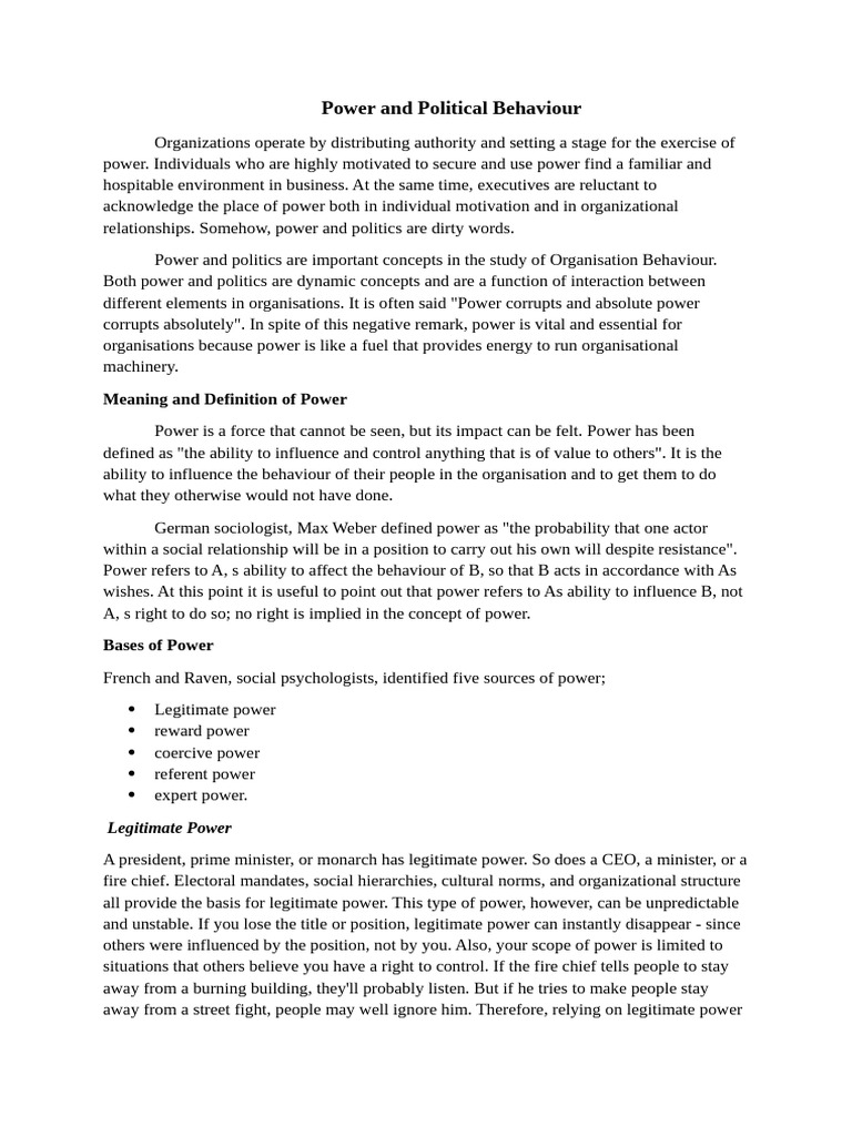 Power and Political Behaviour ob assignment | PDF | Power (Social And ...