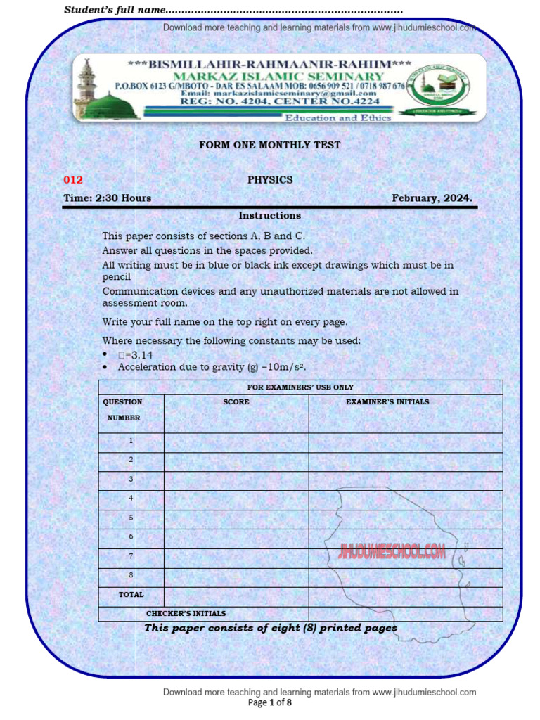 f1 Physics Monthly Test Feb 2024 | PDF | Science | Experiment