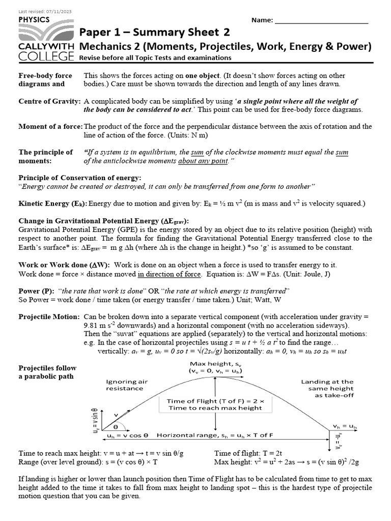 P1S2 - Paper 1 Summary 2 (Mechanics 2) | PDF | Force | Momentum
