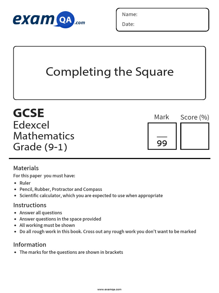 GCSE Completing the Square Worksheet | PDF | Mathematics
