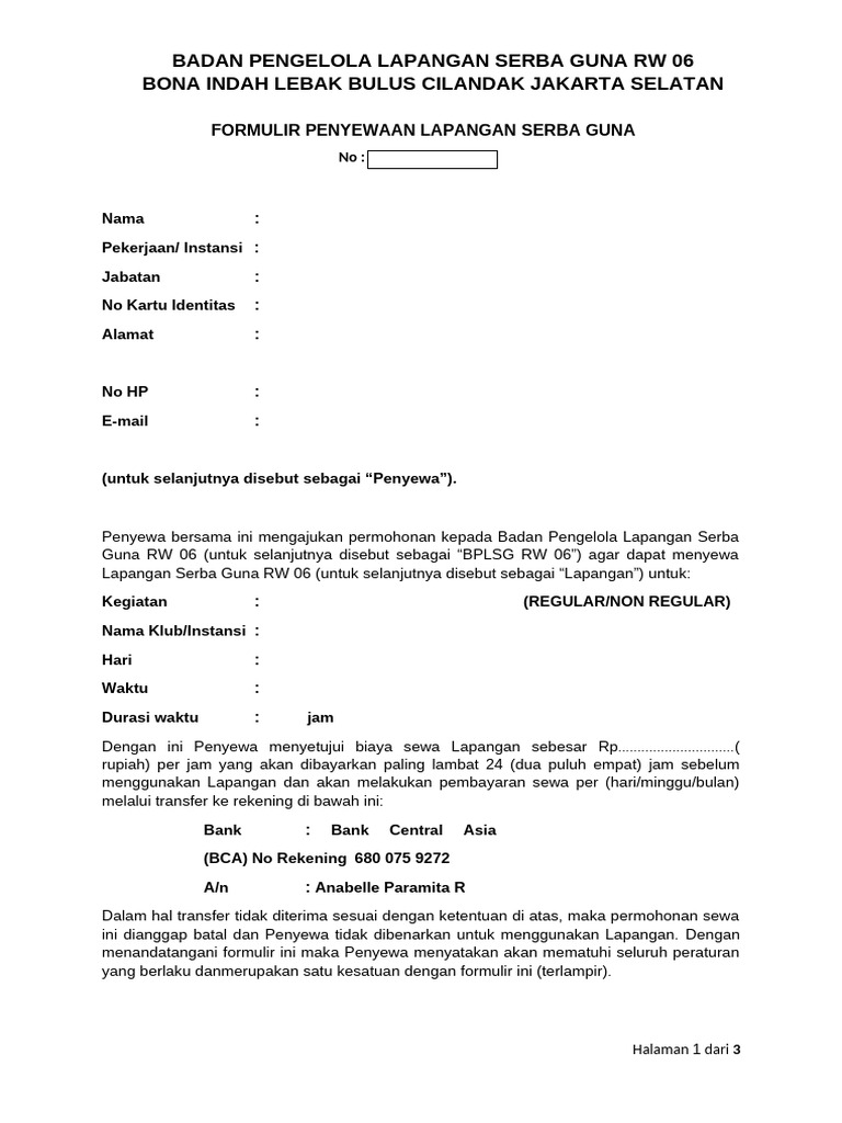 Form Sewa Lapangan Serbaguna Rw06 | PDF