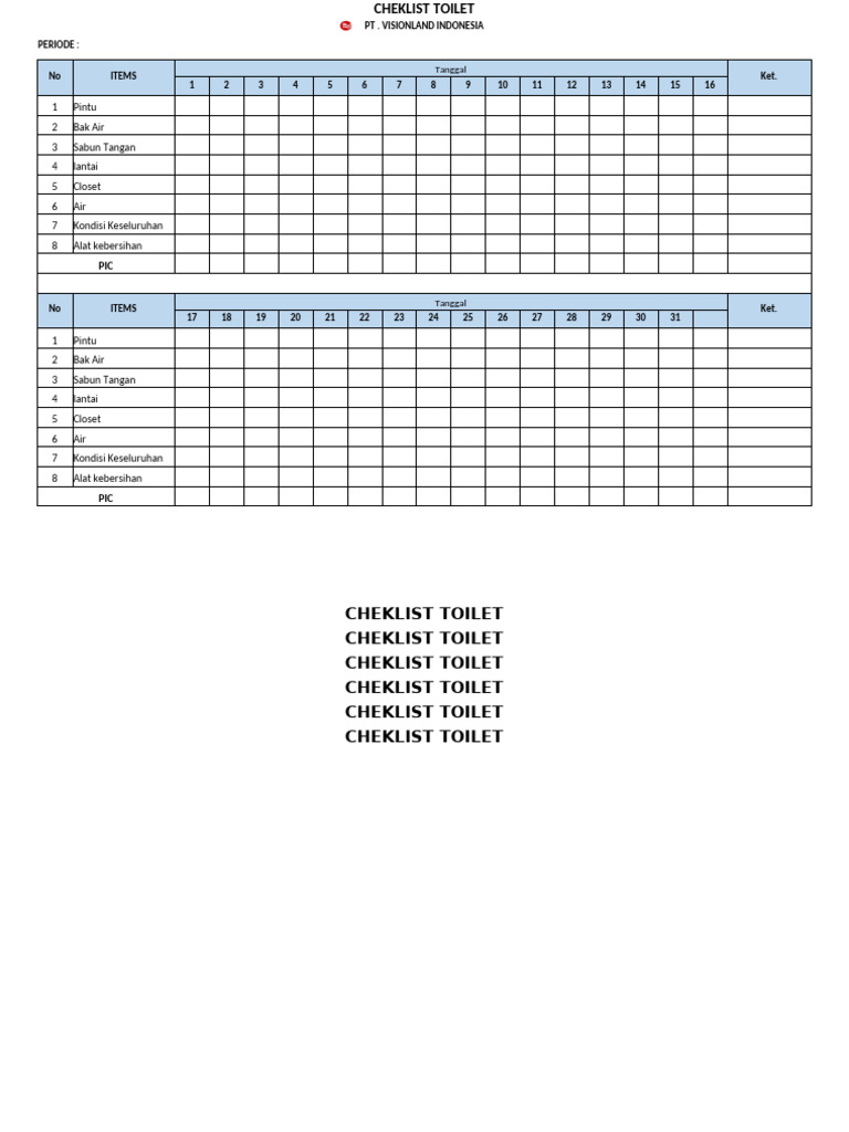 Checklist Kebersihan Toilet Visionland | PDF