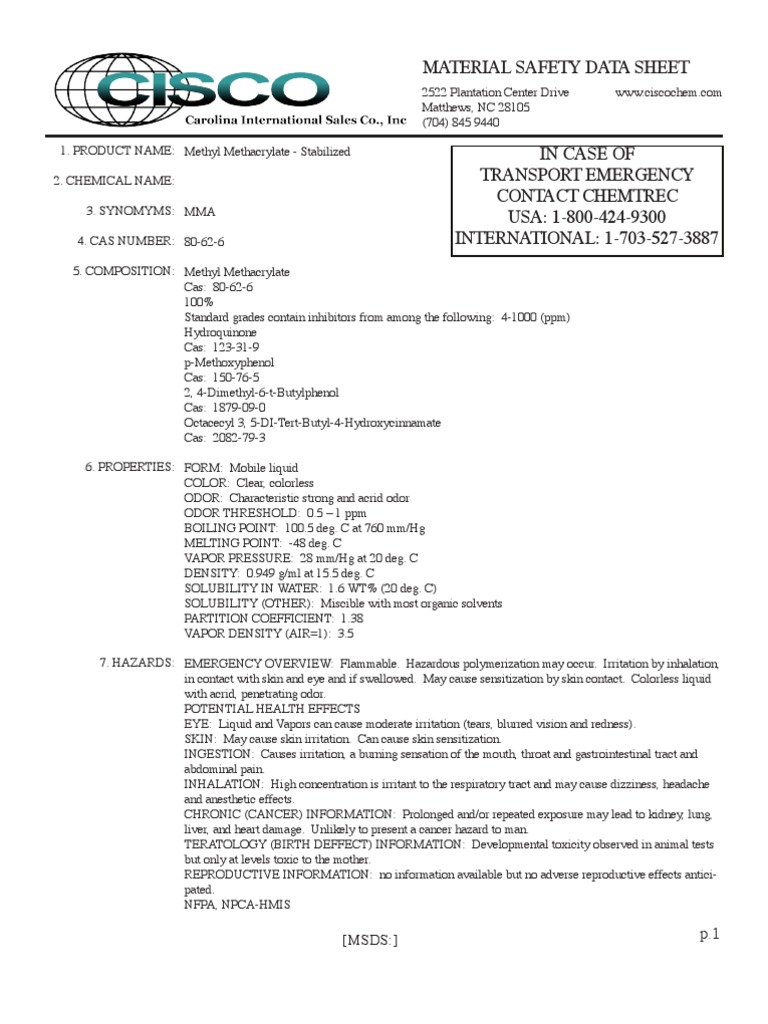 Methyl Methacrylate MSDS Details | PDF | Toxicity | Personal Protective ...