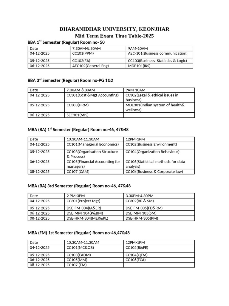 Mid Term Exam Time Table-1st & 3rd | PDF | Business | Economics