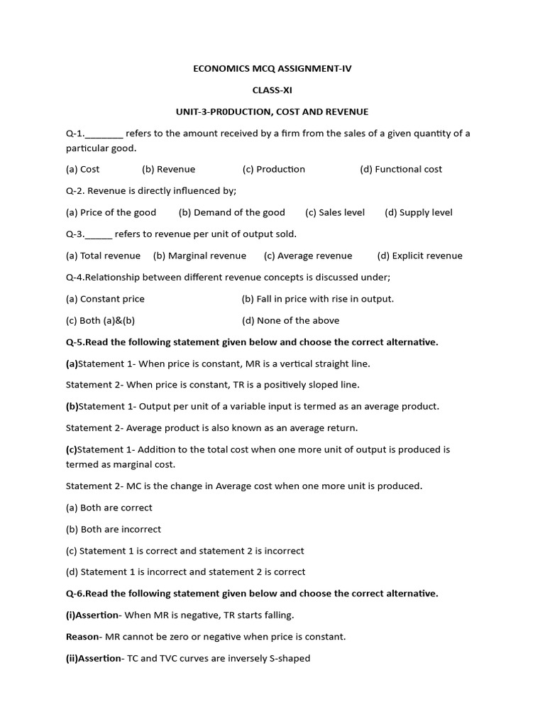 Class Xi Eco MCQ Ass IV | PDF | Economies | Business Economics