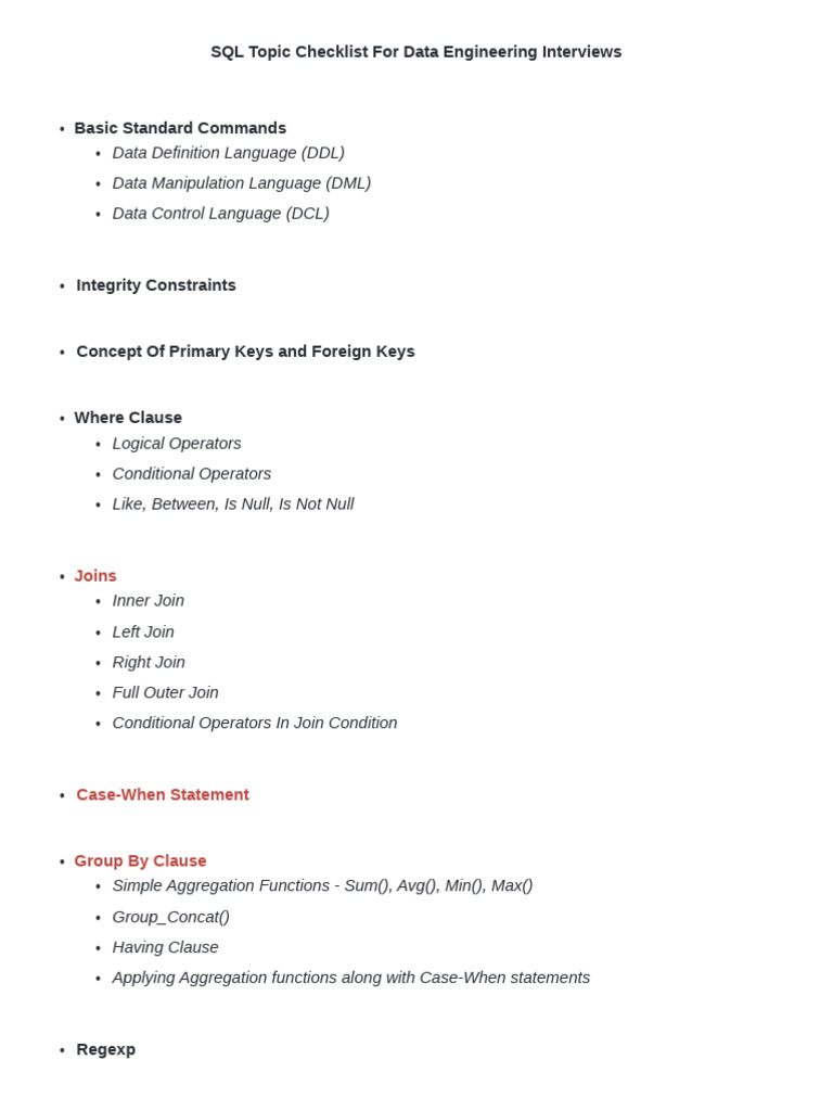 SQL Topic Checklist For Data Engineering Interviews Tf7UNHcy | PDF