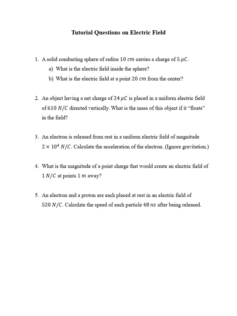 Tutorial Questions on Electric Field | PDF