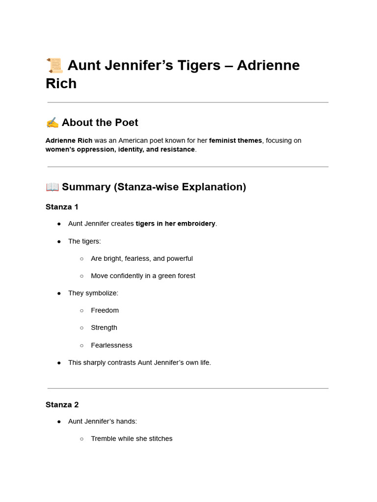 ? Aunt Jennifer’s Tigers – Adrienne Rich | PDF | Feminism | Gender Studies