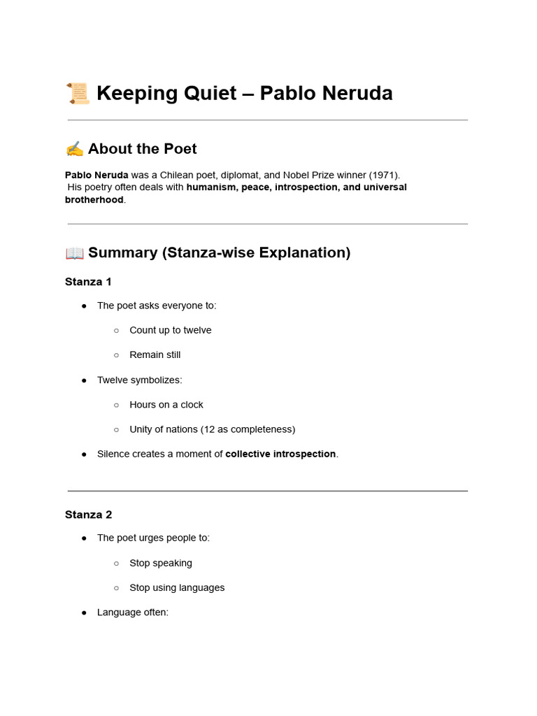 ? Keeping Quiet - Pablo Neruda | PDF | Poetry