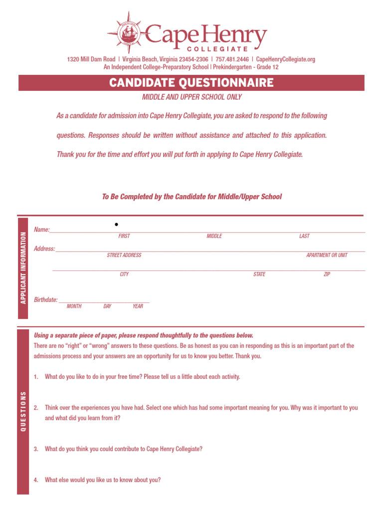 Cape Henry Collegiate Candidate Questionnaire | PDF