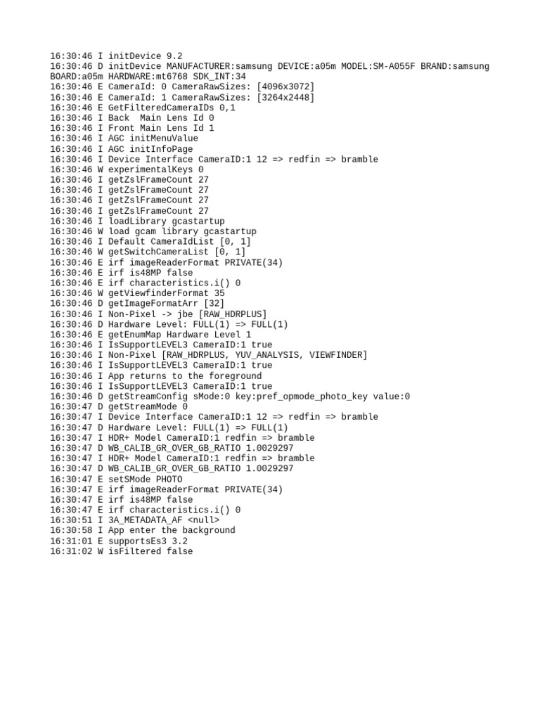 Samsung A05M Camera Initialization Log | PDF