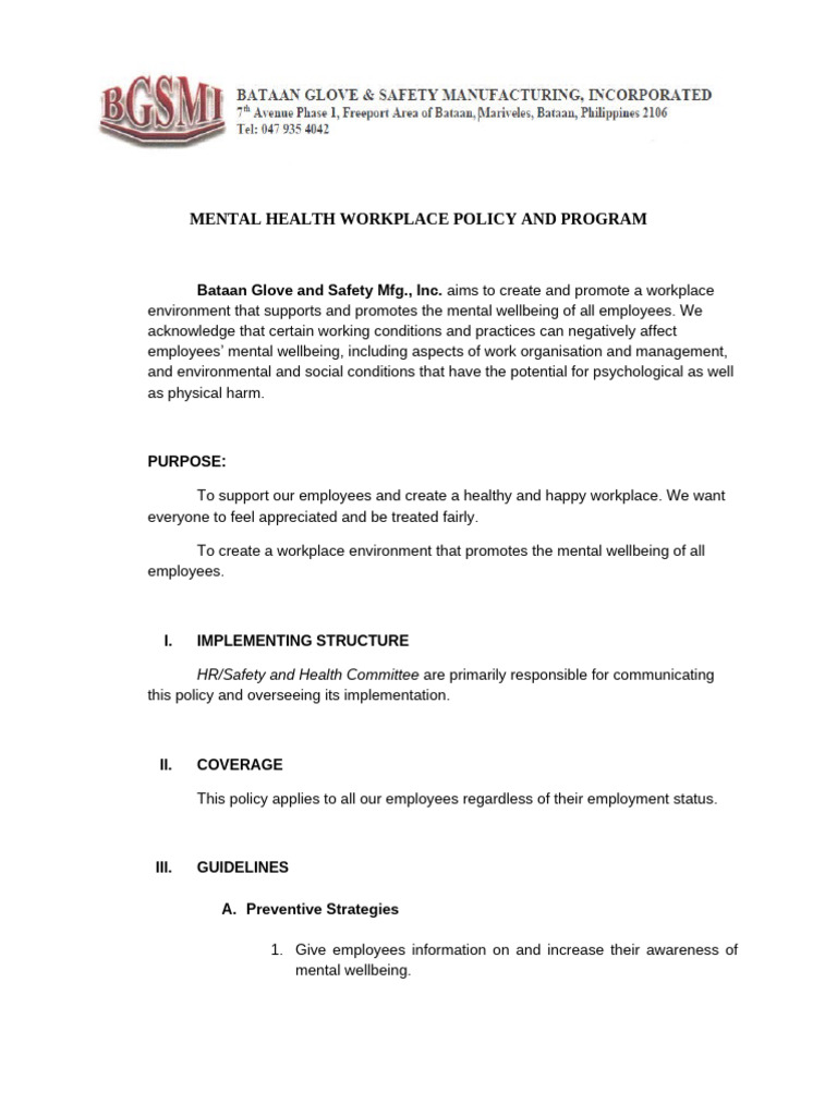 Mental Health Workplace Policy Guide | PDF | Employment | Well Being