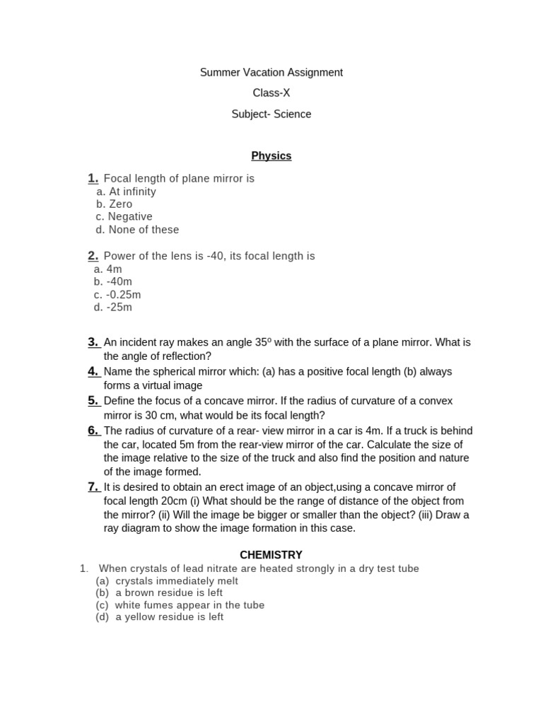 Summer Vacation Assignment 1 | PDF | Digestion | Mirror